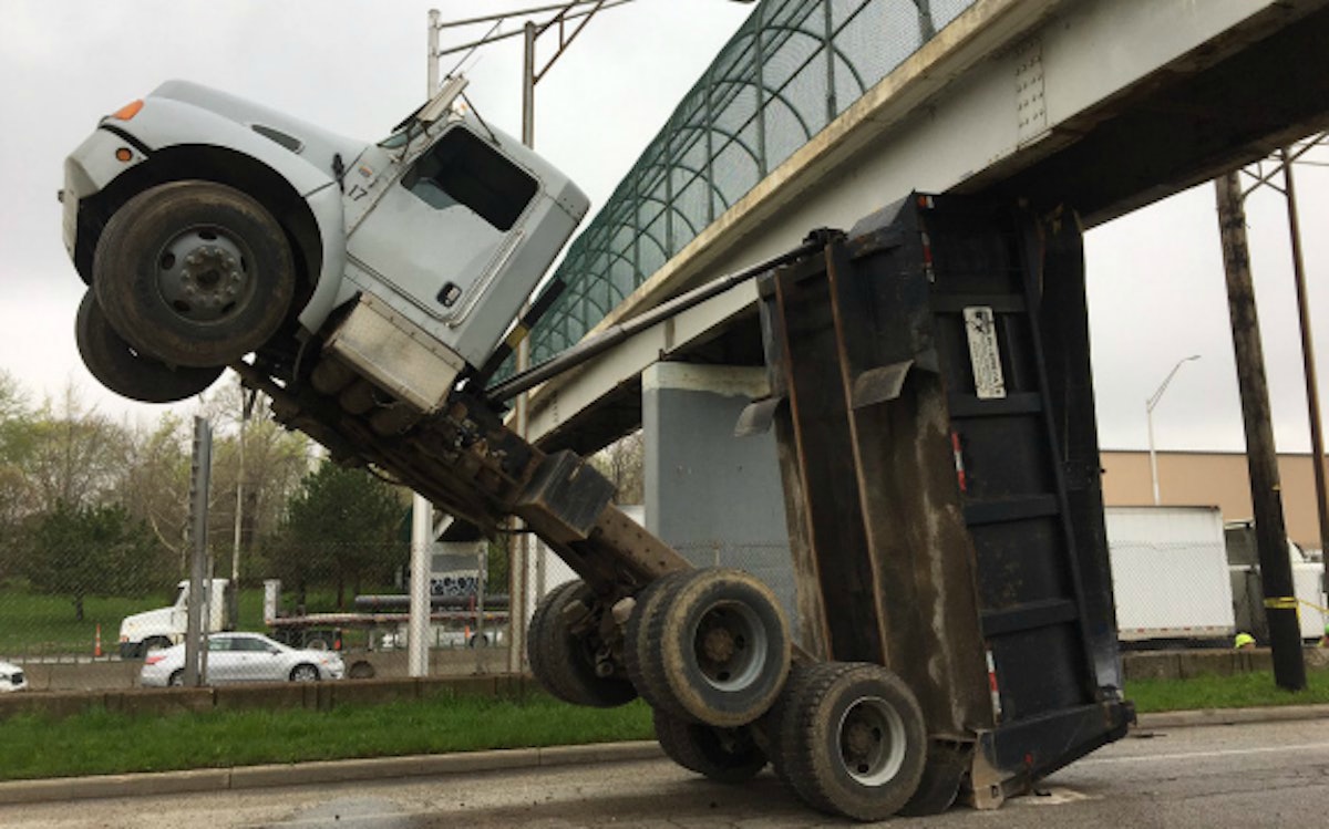 Dump truck with box up slams into bridge … again | Truckers News